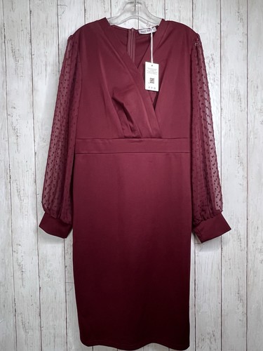 NWT Grace Karin Dress Large Maroon Red Sheath Sheer Arms V-Neck Zip ...