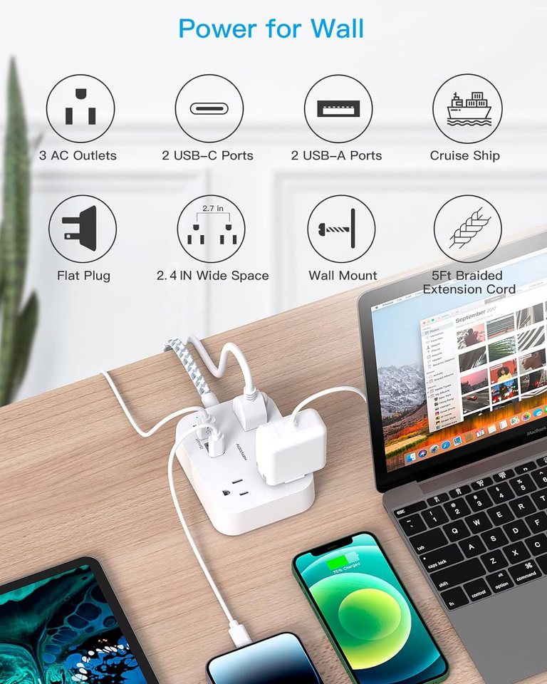 Power Strip Plug Extension Cord 3 Outlets, 4 USB Ports(2Usb C), 5 Ft ...
