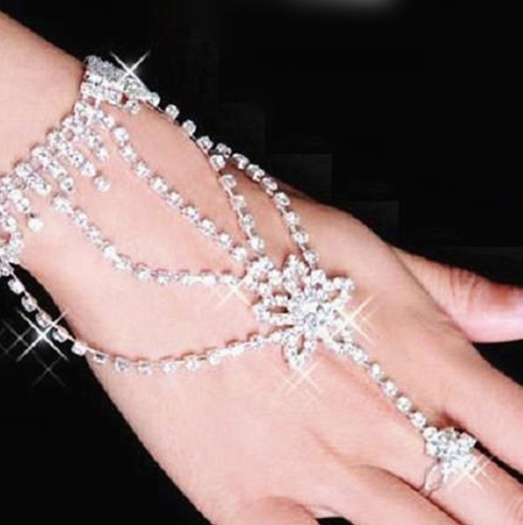 Rhinestone Crystal Star Chain Bracelet Finger Ring Hand Harness Wedding ...