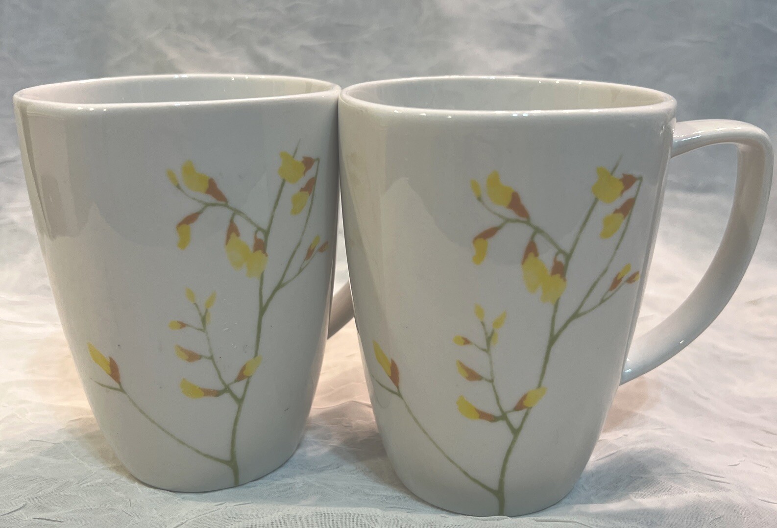 CORELLE KOBE MUGS Coffee Cups w/Yellow Floral Stems Forsythia Set of 2 ...