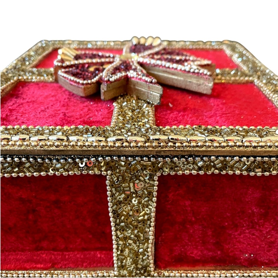Red Velvet Gold Sequin Christmas Present Gift Box w/ Bow & Lid 7in ...