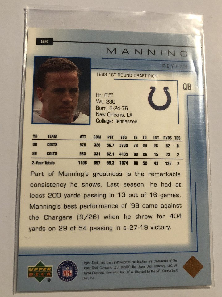 Peyton Manning Indianapolis Colts 2000 Upper Deck #88 NFL Football Card ...