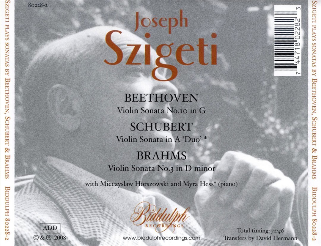 JOSEPH SZIGETI BEETHOVEN, SCHUBERT, BRAHMS: VIOLIN SONATAS NEW CD ...