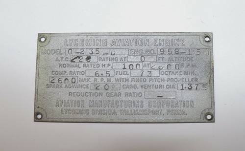 Original Lycoming O-235-C Aircraft Engine Data Plate, Authentic, #2 | eBay