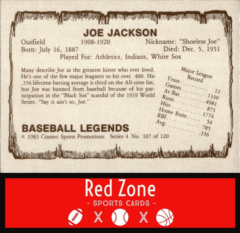 1983 Cramer Baseball Legends Series 4 - #107 Shoeless Joe Jackson NM ...