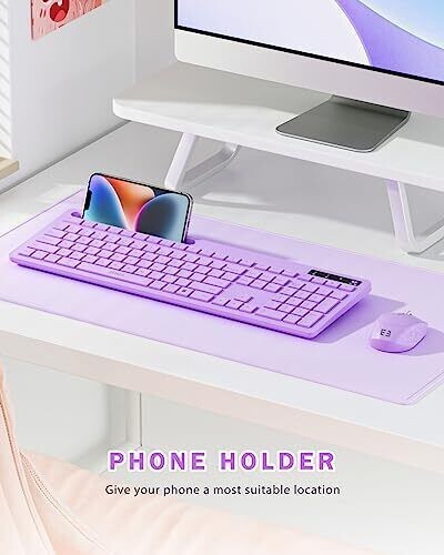 Purple Keyboard and Mouse Wireless Full-Size Keyboard with Phone Holder ...