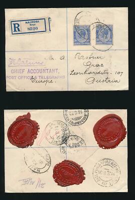 KENYA KUT 1930 POSTMASTER GENERALS OFFICE SEALS to AUSTRIA REGISTERED ...