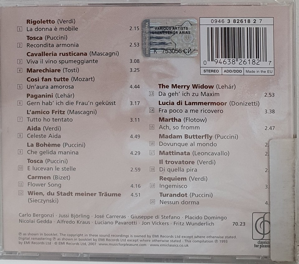 GREAT TENOR ARIAS (PAVAROTTI, BJORLING, DOMINGO, ...) CD, EMI, NEW ...