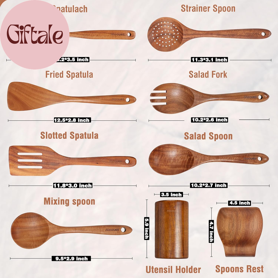 9 Piece Natural Teak Wooden Kitchen Utensil Set with Spoon Rest ...