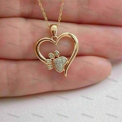 Free Chain 0.06Ct Real Diamond Dog Paw Heart Pendant Yellow Gold Plated ...