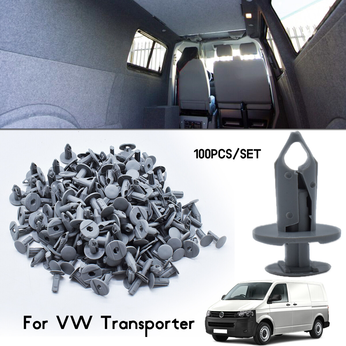 100x Longer Long Trim Panel Clips Grey Carpet Lining For VW Transporter ...