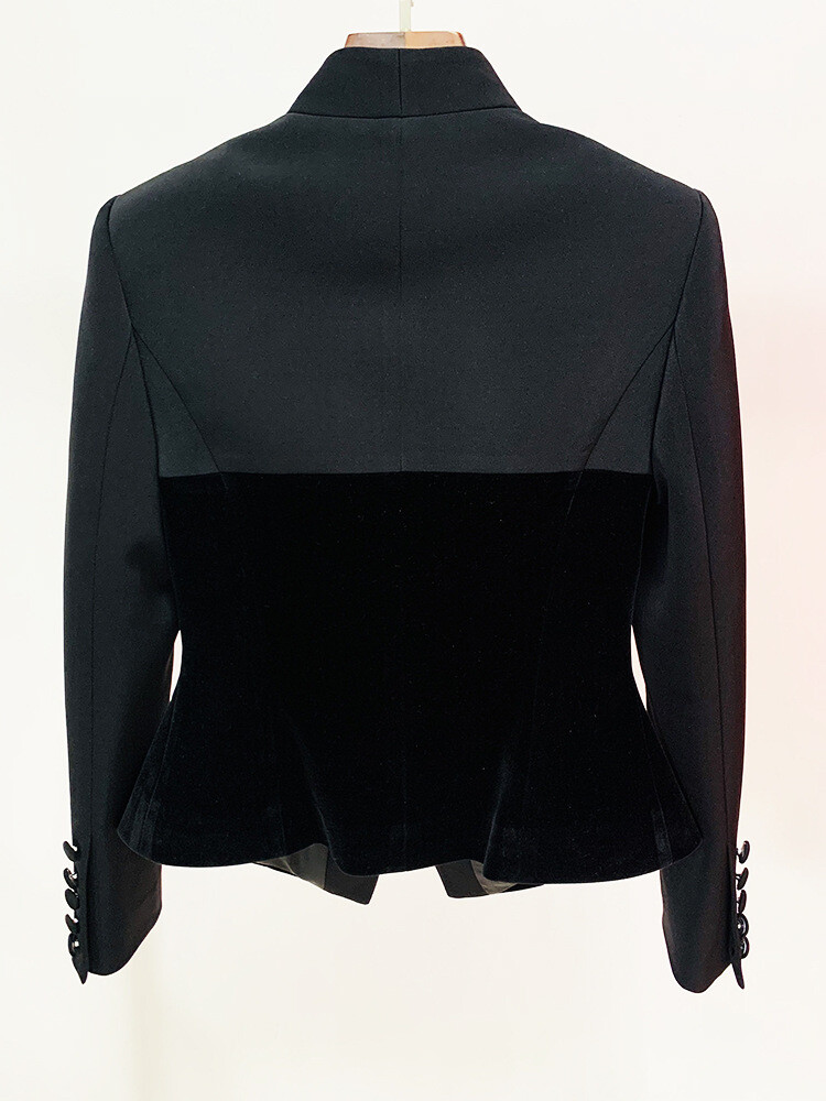 European Style Slim Fit Women's Black Velvet Splicing Blazer Suit Short ...