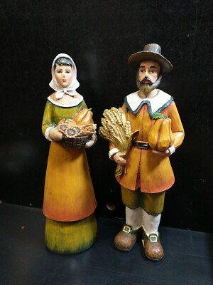 PILGRIM COUPLE Thanksgiving Fall 10" FIGURINES Resin Figures Harvest ...