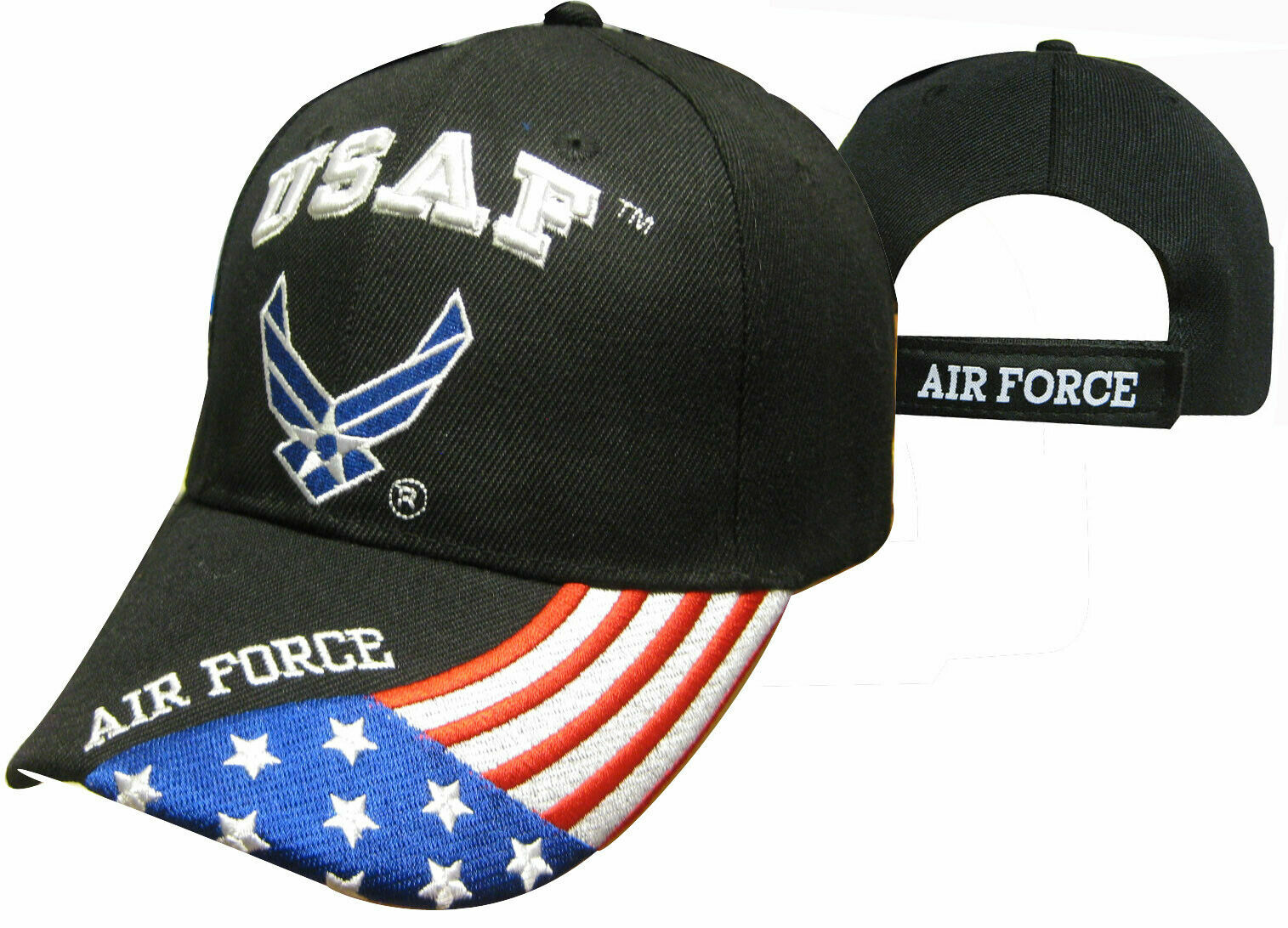 US AIR FORCE WINGS Emblem Logo USA Flag on Bill Cap Hat BLACK (LICENSED ...