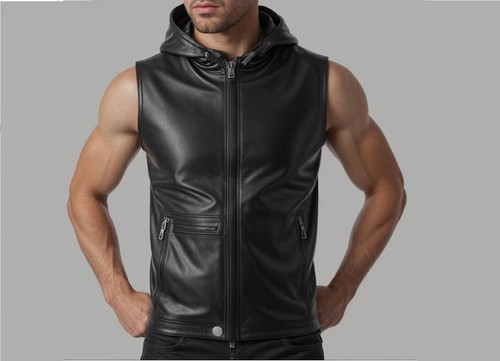 New Mens Black Hooded Leather Vest. Real Soft Lambskin Leather Biker ...