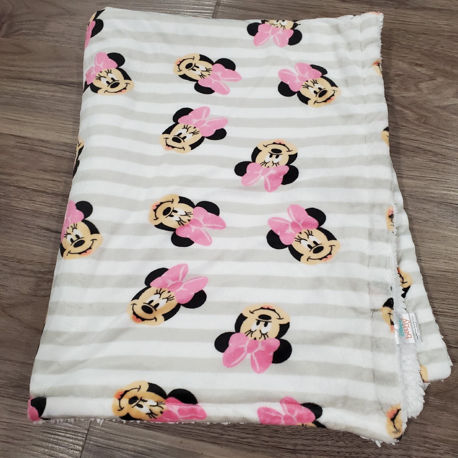 Disney Baby Minnie Mouse Baby Blanket Gray White Stripes Reversible ...