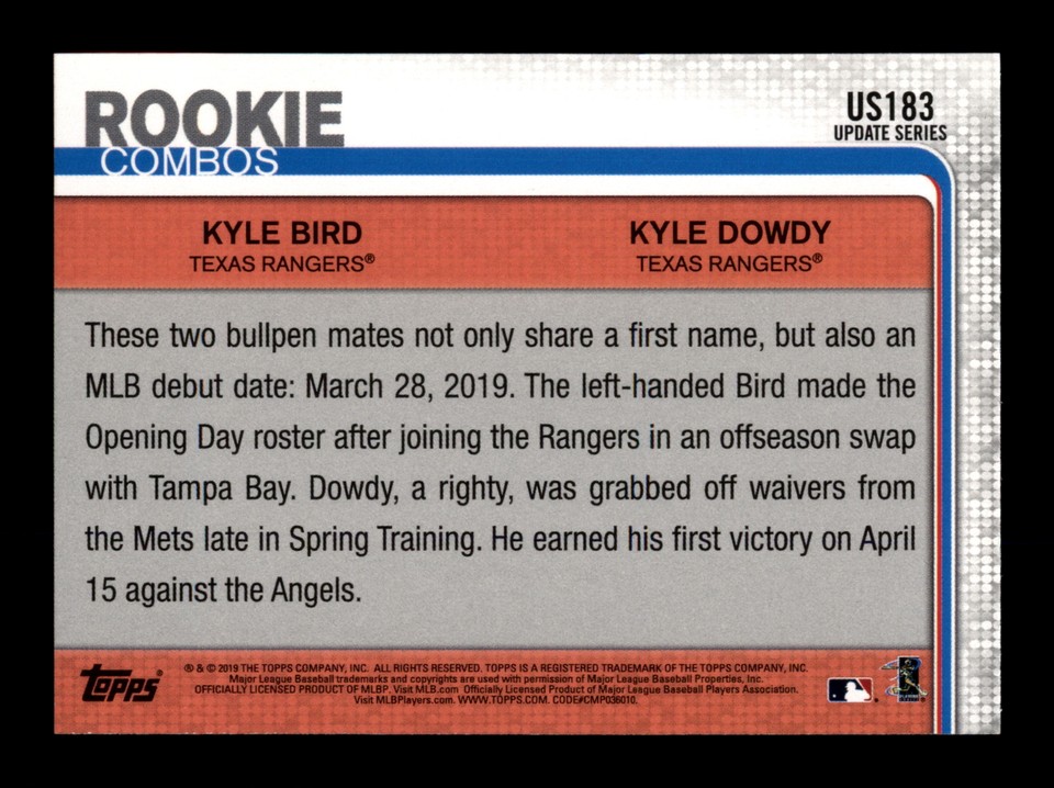 2019 Topps Update #US183 Kyle Dowdy / Kyle Bird Texas Rangers | eBay