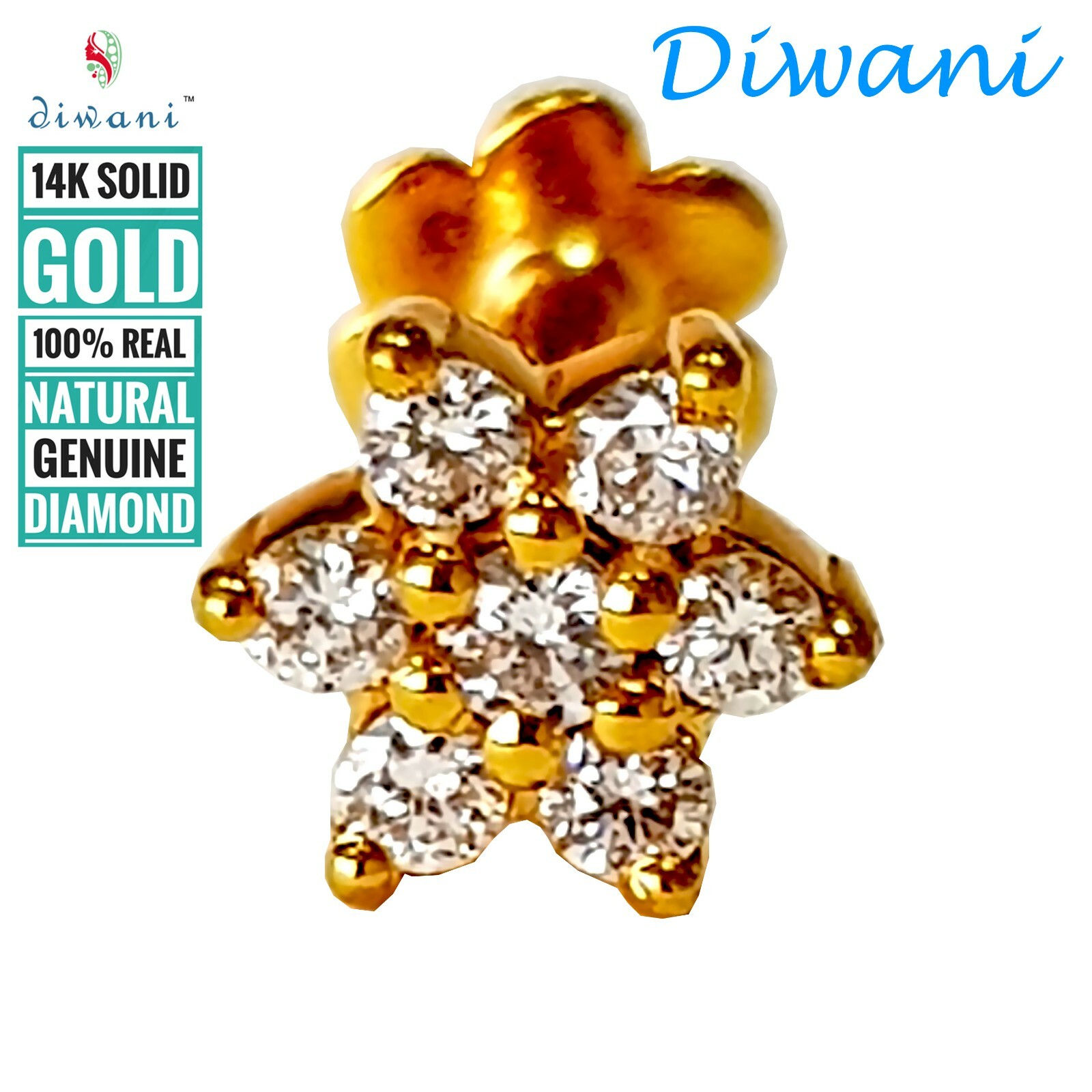 Real 7 VVS Diamonds Flower Nose Pin Lip Labret Ring Piercing Screw Stud ...