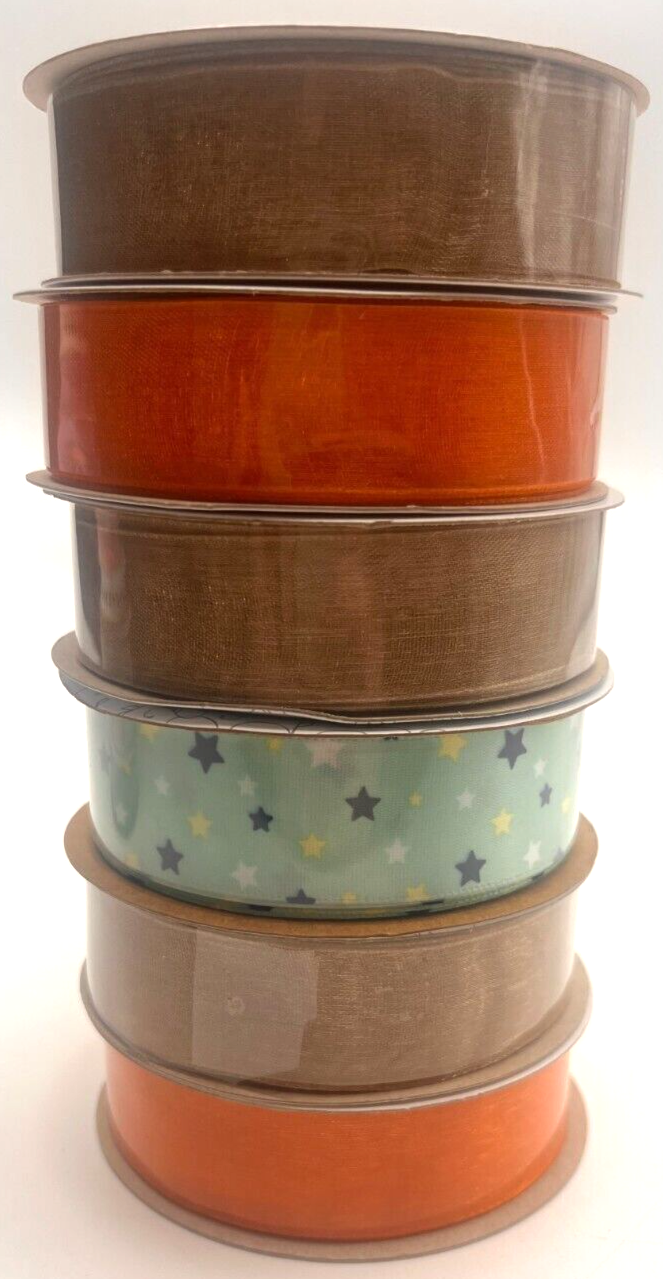 LOT OF 6 ASSORTMENT OF OFFRAY RIBBON- SHEER GOLD & ORANGE & BLUE W STAR ...