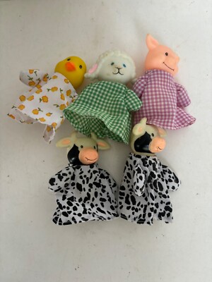 LOT of 5 VINTAGE Farm Animal Cow Pig finger puppets rubber faces Cloth ...