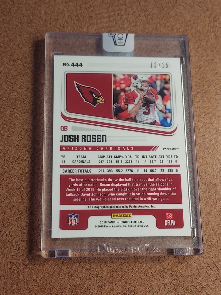 JOSH ROSEN 2018 PANINI HONORS AUTOGRAPHED ROOKIE CARD 444.#13/15. | eBay