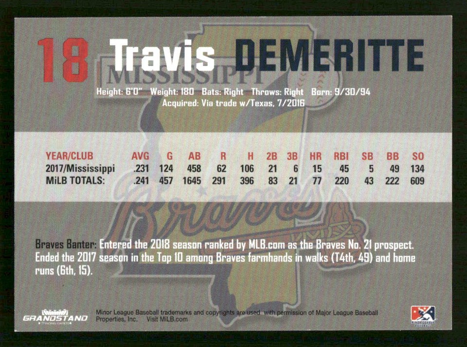 2018 Grandstand Mississippi Braves Travis Demeritte IP Auto Signed #NNO ...