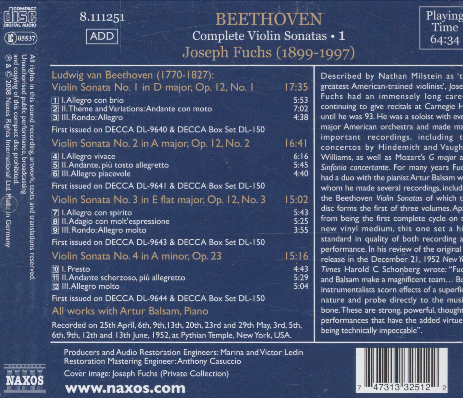 Great Violinists - Joseph Fuchs: Beethoven - Complete Violin Sonatas ...