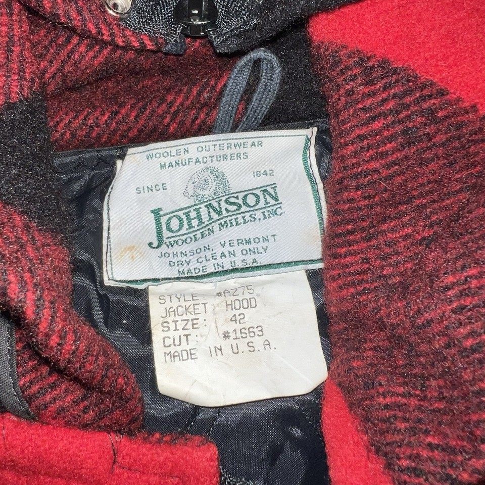 Vtg Johnson Woolen Mills Mackinaw Buffalo Plaid Split Hood Jacket Sz 42 ...