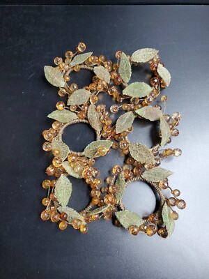 6 Beaded Napkin Rings Faceted Amber Round Beads & Sugared Leaves Grape ...