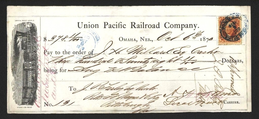 1870 Omaha - Union Pacific Railroad - Draft Check - EX RARE Stock ...