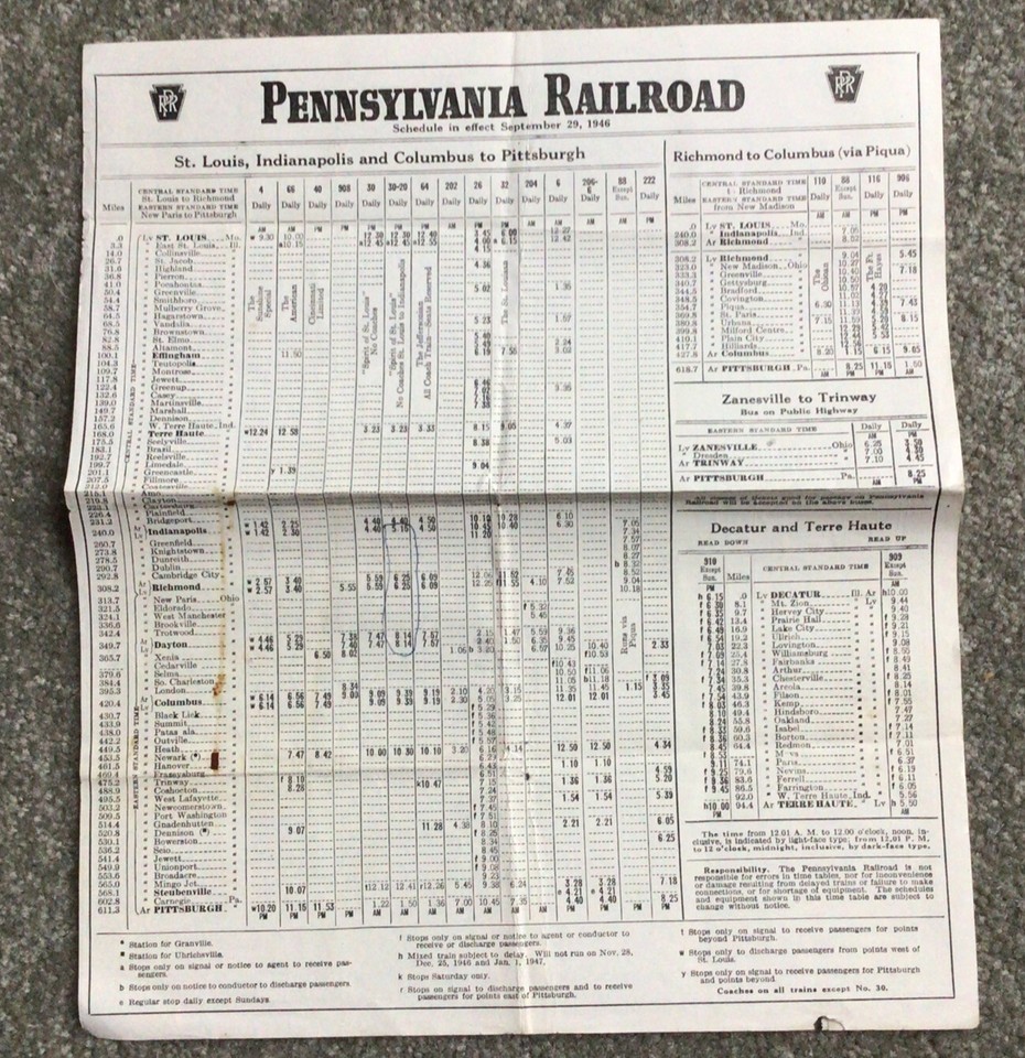 September 1946 Pennsylvania Railroad Schedule Time Table Pittsburg ...