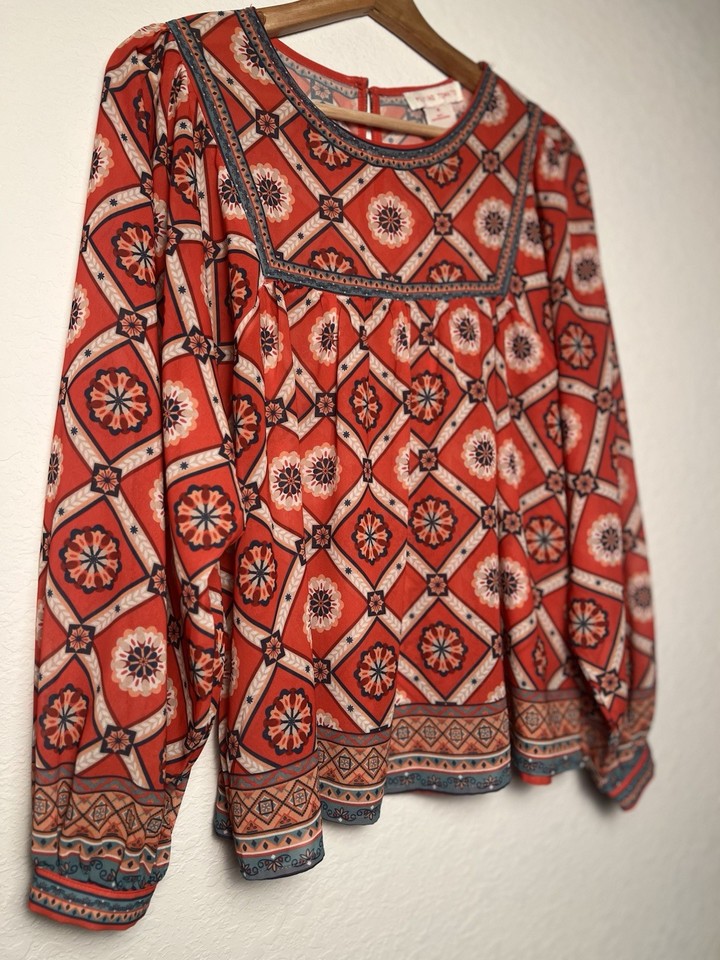 Flying Tomato Boho Blouse Sz M Red Geo Medallion Print Peasant Long ...