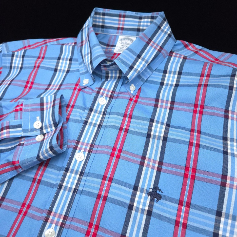 Brooks Brothers Shirt Mens M Regent Non Iron Blue White Red Black | eBay
