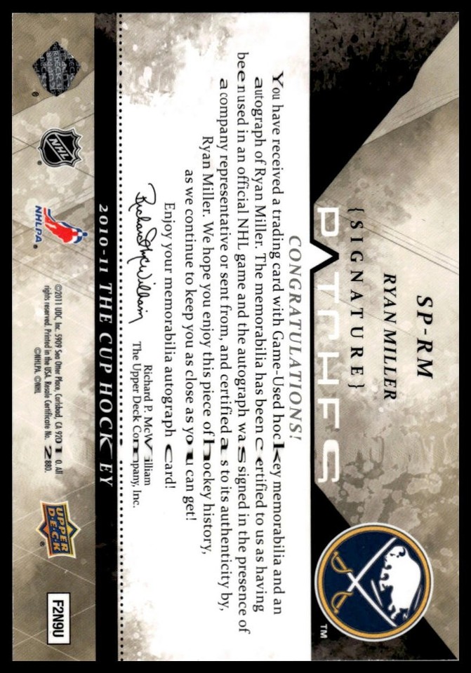 2005-06 Upper Deck The Cup Ryan Miller #SP-RM Signature Patches 75/75 ...