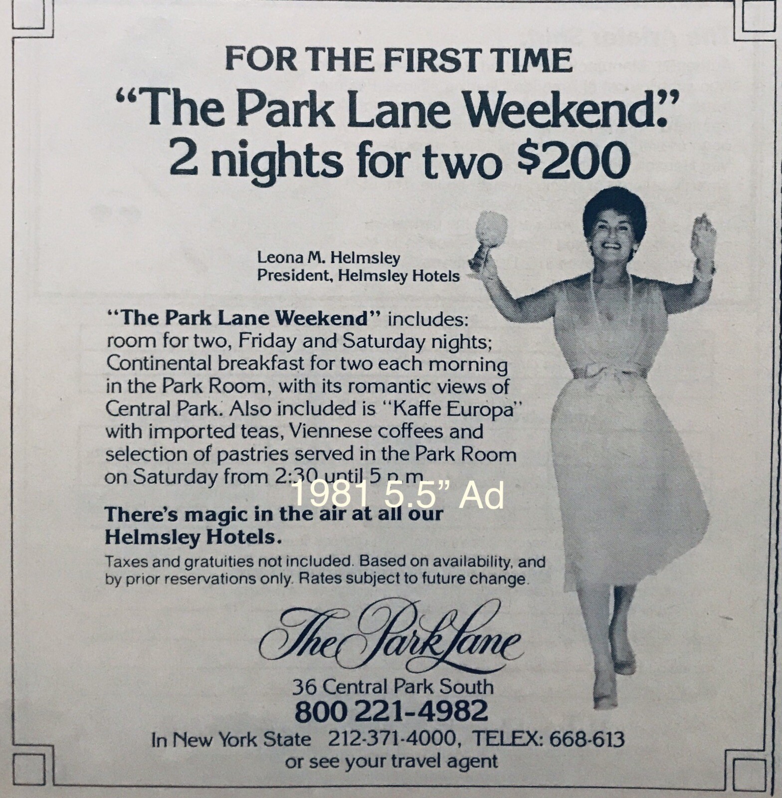 1981 AD Leona Helmsley The Park Lane Hotel NYC Central Park 5” VINTAGE ...
