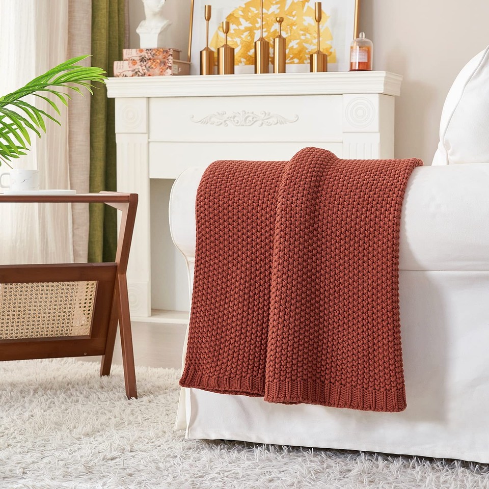 Chunky Cable Knit Throw Blanket Lightweight Rust 100% Organic Cotton ...