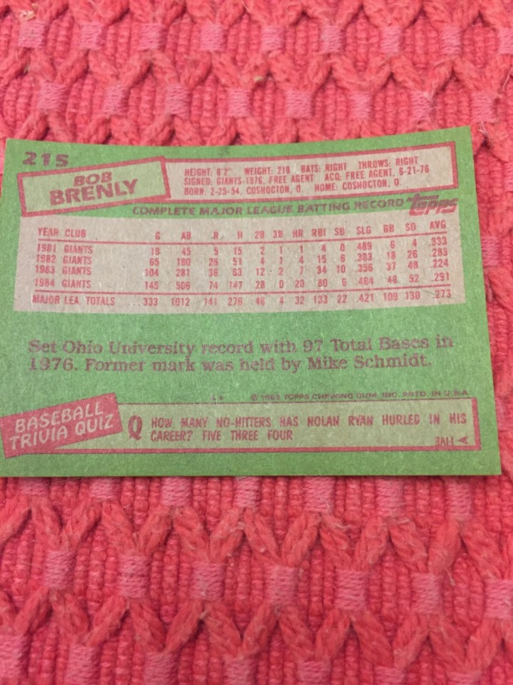 Bob Brenly #215 Giants MLB Vintage Baseball Card Ships Free | eBay