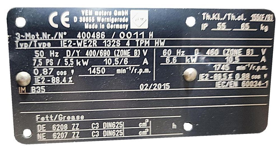 VEM 3 PHASE MOTOR | IE2-WE2R 132 S 4 TPM H, 400V, 1450rpm | eBay