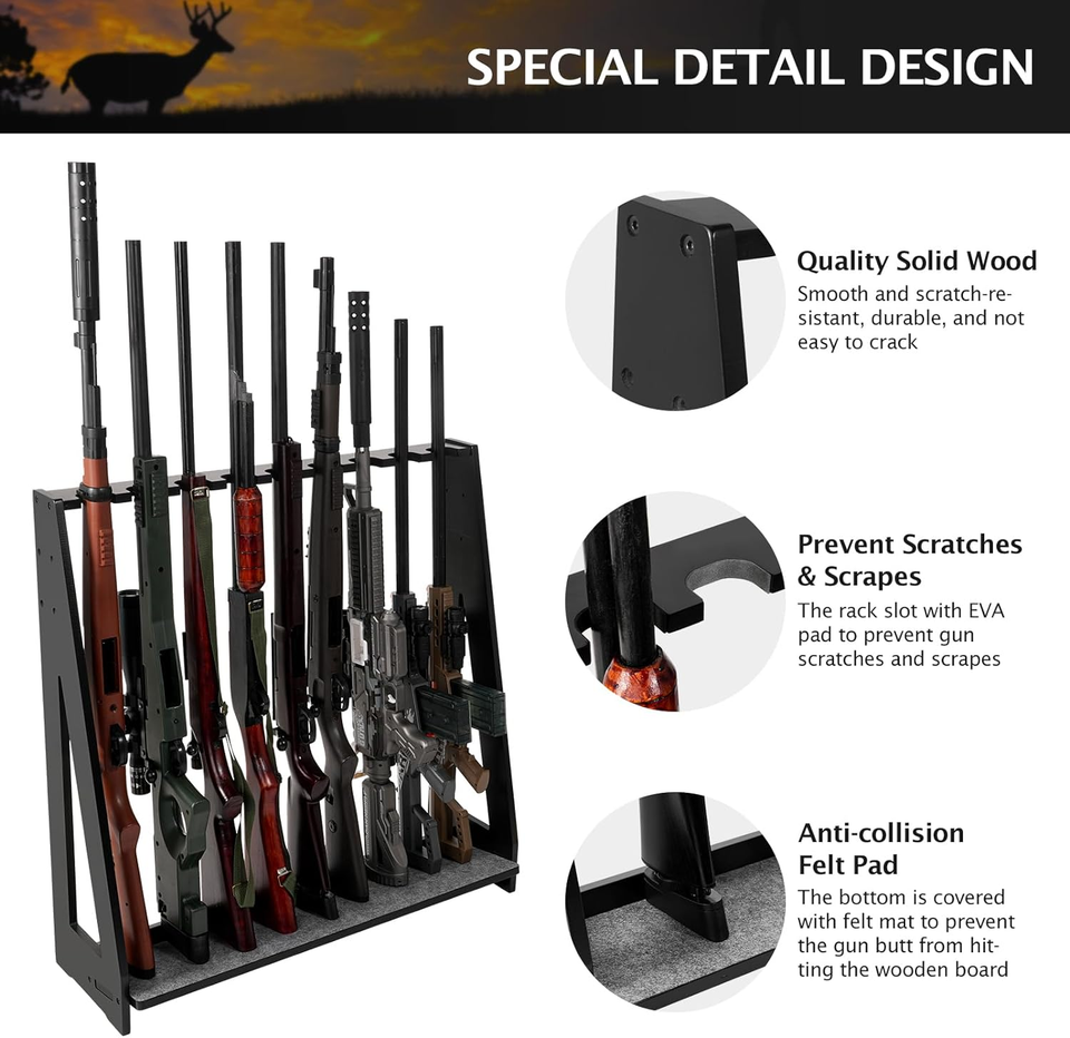Rifle Gun Racks Wooden Shotgun Storage Holder Soft Padding Hold up to 9 ...