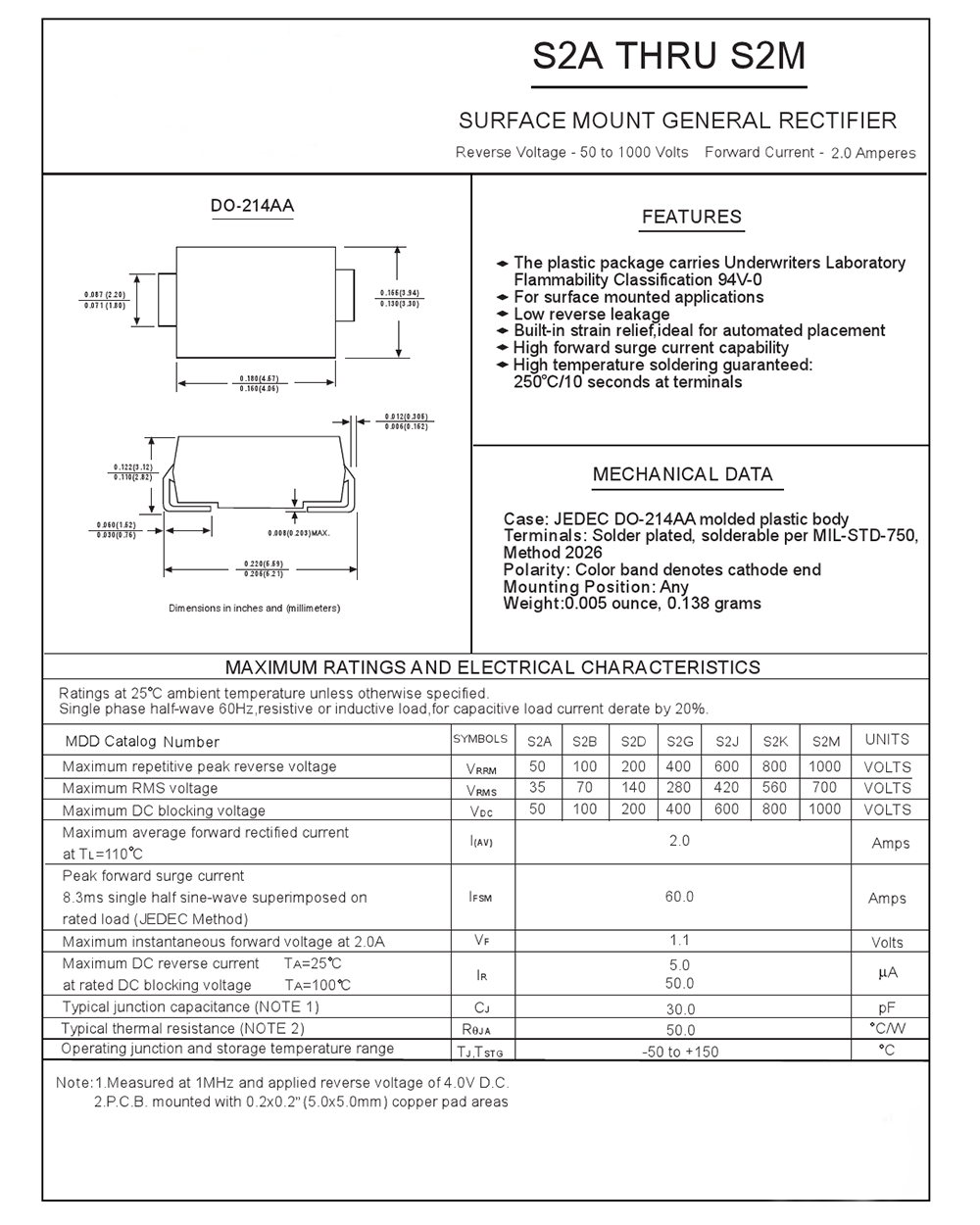 1A 2A 1000V General Purpose Diode S1M S2M SMA SO-214AC SMT Rectifier ...