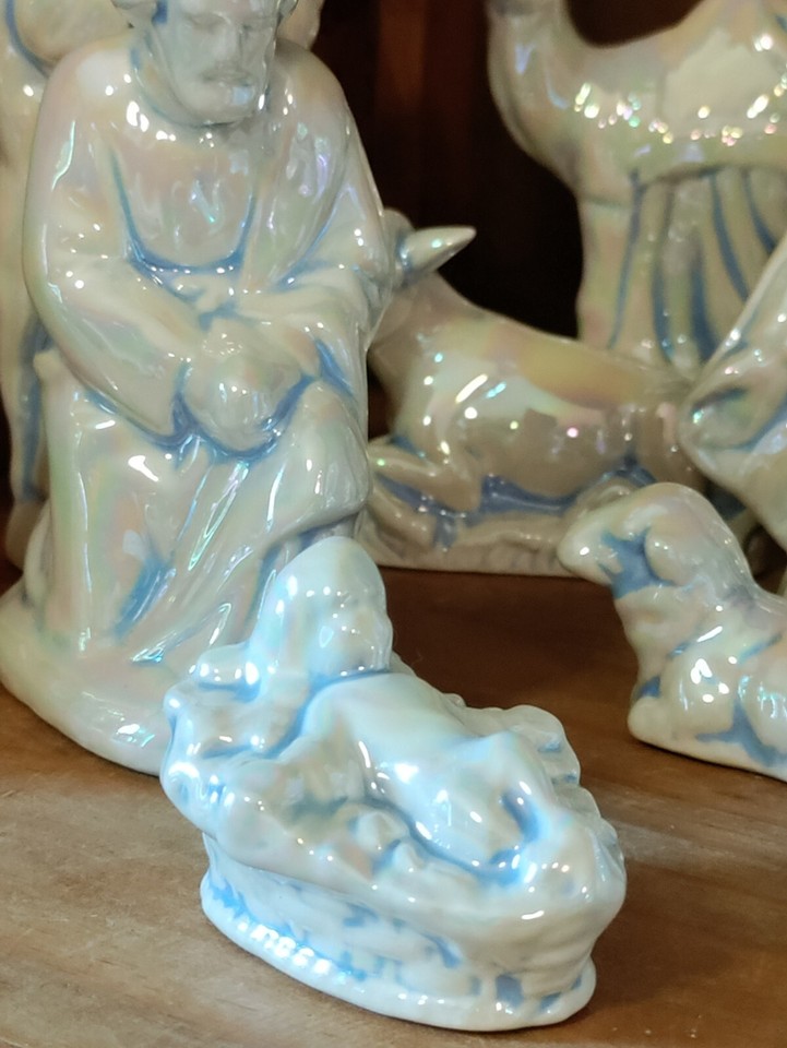 13-piece ceramic pearl white blue nativity set Christmas | eBay