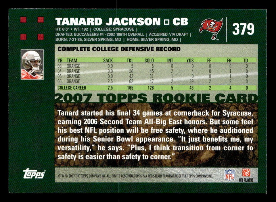 Tanard Jackson 2007 Topps Rookie Card #379 Tampa Bay Buccaneers | eBay