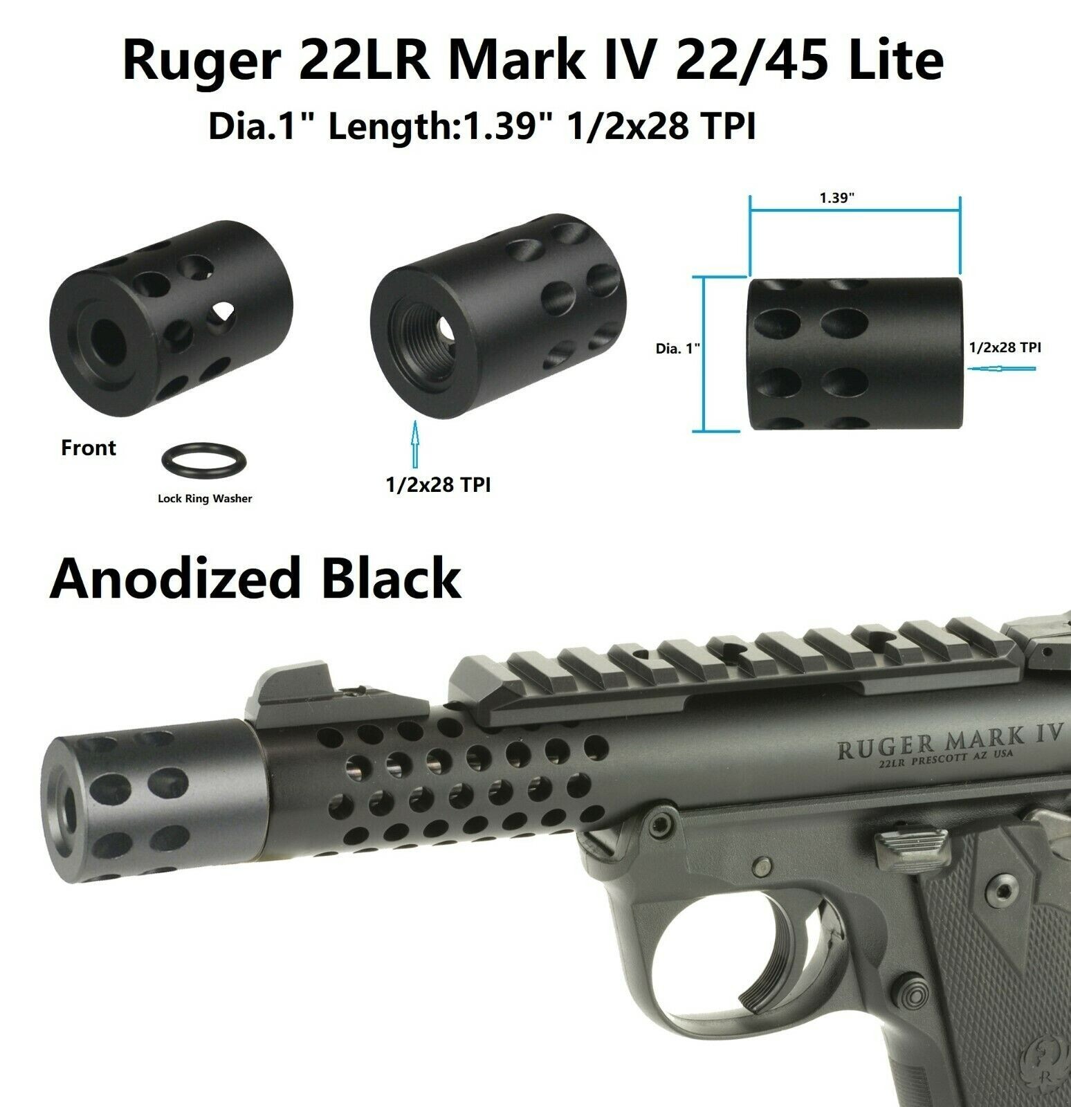 1/2x28TPI Ruger .22LR Mark IV 22/45 Lite Muzzle Brake Compensator, 1 ...