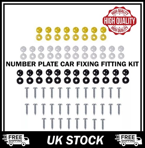32 x NUMBER PLATE CAR FIXING FITTING KIT SCREWS & CAPS HINGED BLACK ...