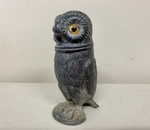 Antique Figural Metal Pewter Owl Pounce Pot Sand Shaker Glass Eyes 3 ...