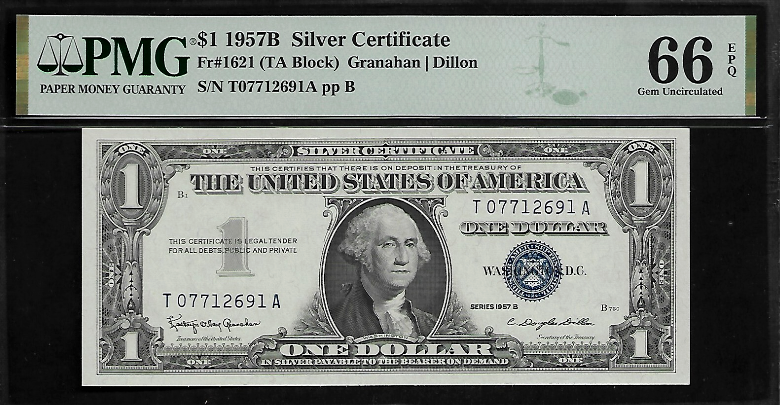 US 1 $ 1957B PMG 66 EPQ UNC Fr #1621 Silver Certificate Granahan/Dillon ...