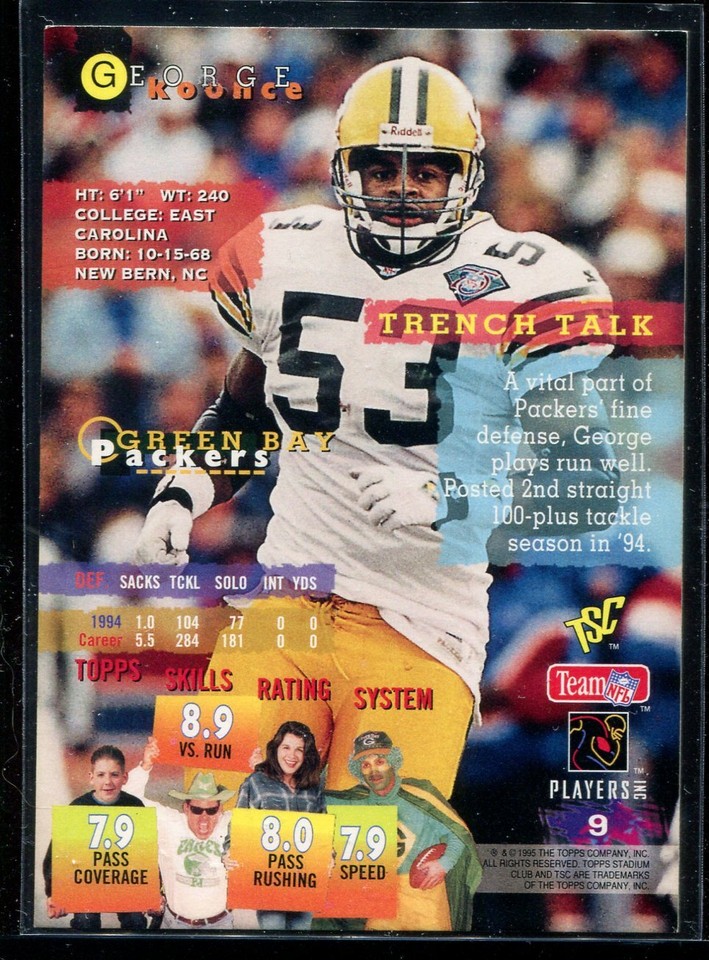 1995 Topps Stadium Club Football George Koonce #9 Green Bay Packers | eBay
