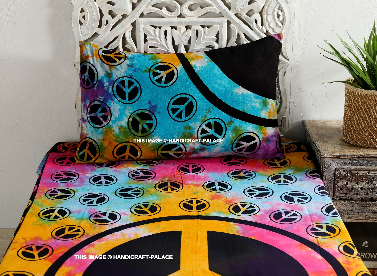Multi Color Peace Sign Print Cotton Twin Size Bed Sheet With Pillow ...