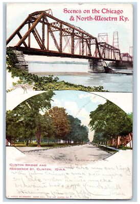 Clinton Iowa IA Postcard Clinton Bridge And Residence Street Scene 1906 ...