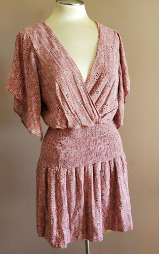 Dee Elly Dress M Pink Floral Stretch Smocking Short Flutter Sleeve ...